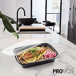 PROMOZE 15-Pack Meal Prep Plastic Microwavable Food Containers with Tight Safety Lid Covers (28 oz.) - Black Rectangular Reusable Storage Lunch Boxes - BPA-Free Food Grade - Freezer & Dishwasher Safe