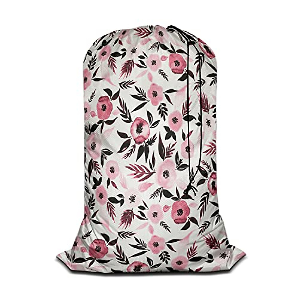 Swono Watercolor Sketch Poppy Large Laundry Bag Washable Large Dirty Clothes, Leaf Repeating Pattern Drawstring Organizer Bag, Fit Hamper Basket Camp Travel Home Dorm, Pink Black