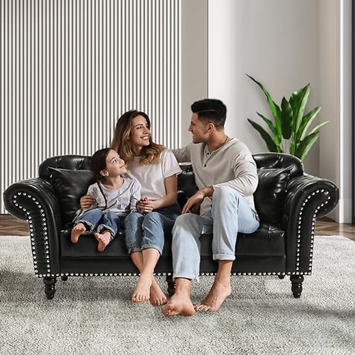 Morden Fort Chesterfield Sofa Faux Leather Loveseat, Luxurious 69" W Tufted Upholstered Loveseat Faux Leather Couch Furniture with Pillows, Wooden Leg for Living Room, Bedroom (Black)