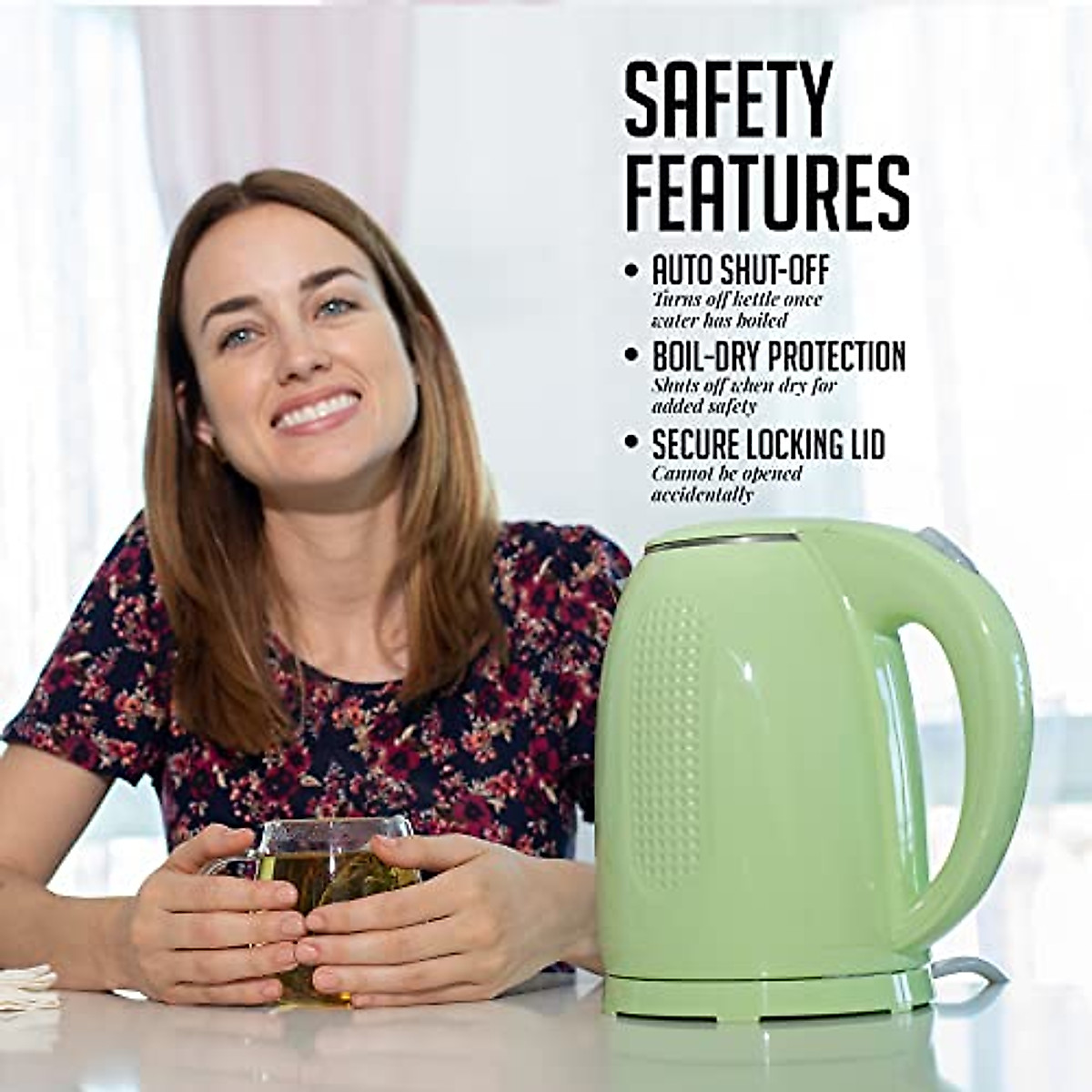 Ovente Portable Electric Kettle Stainless Steel Instant Hot Water Boiler Heater 1.7 Liter 1100W Double Wall Insulated Fast Boiling with Automatic Shut Off for Coffee Tea & Cold Drinks, Green KD64G