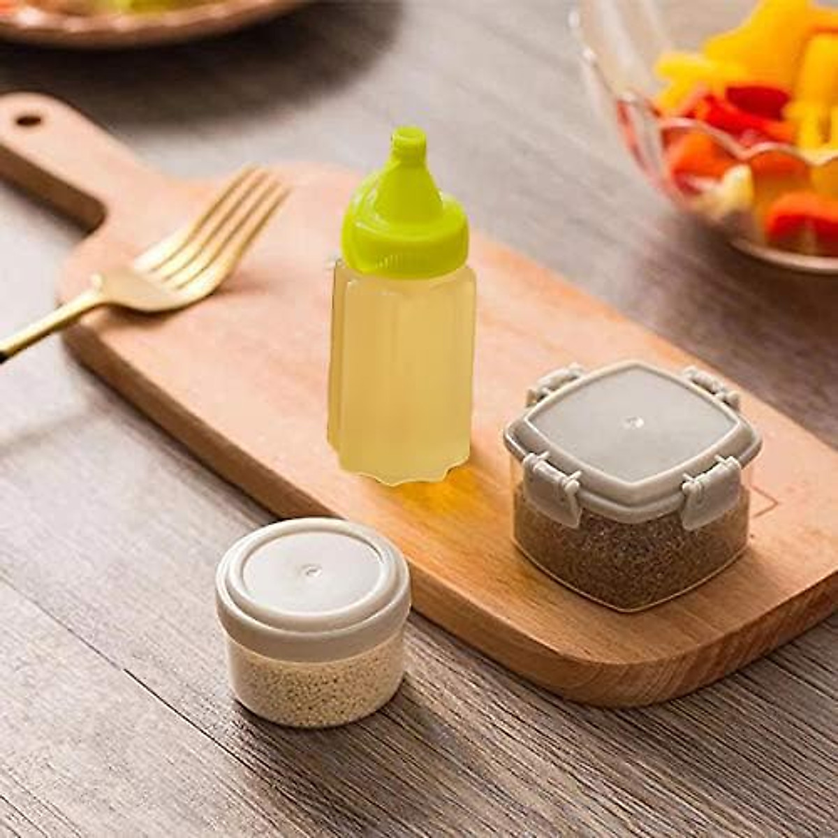 9 Pack Mini Plastic Sauce Squeeze Bottles Seasoning Boxes Salad Dressing Containers, Tiny Condiment Squeeze Bottles for Kids Lunch Box Accessories, 1-2 Ounce ( 3 style, orange/green/gray)
