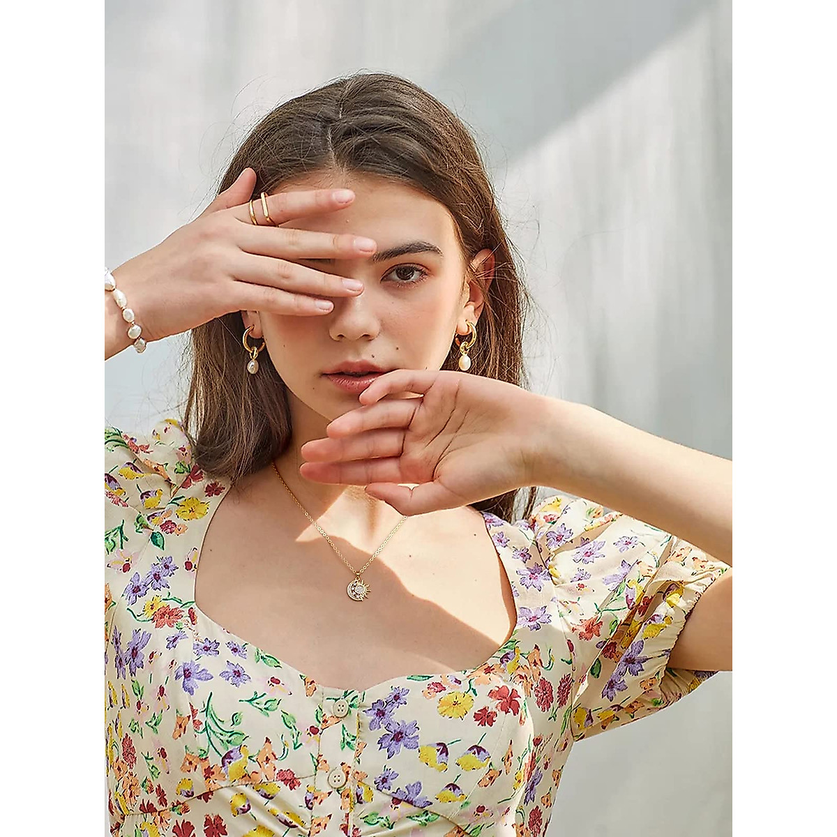 PERNNLA PEARL 18K Gold Cresent Moon Star Sun Pendant Necklaces for Women Dainty Celestial Coin Cute Necklace Layered Chain Necklaces Women Jewelry 18”