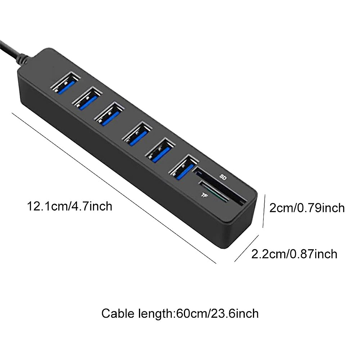 USB Hub, Universal Ultra Slim Data Hub 6 Port USB 2.0 Hub Multifunctional Splitter, 2.0 USB Extension Splitter with 60cm Cable(Black)