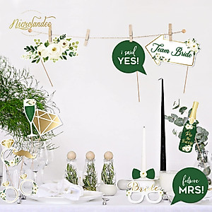 NICROLANDEE 12 Pack Green Gold Wedding Photo Props Kit, Forest White Floral Engagement Photo Booth Props Accessories for Greenery Wedding, Bride to Be, Engagement, Bridal Shower, Hen Party Supplies
