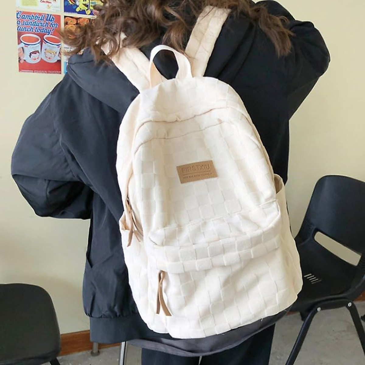 MININAI Aesthetic Checkered Backpack Light Academia Plaid Backpack Cute Preppy Backpack Fit 15.6 Inch Laptop Light Rucksack (Beige,One Size)