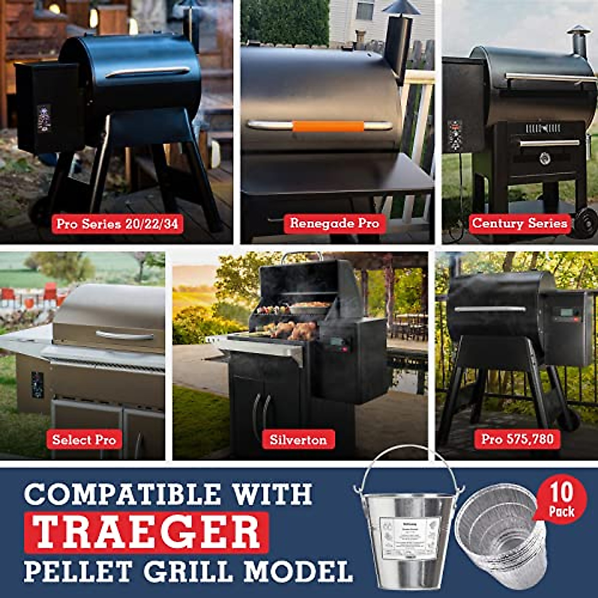 Entsong Grill Grease Drip Bucket with 10 Pack Grease Bucket Liners, Compatible with Traeger Smoker Grills/Oklahoma Joe's/Green Mountain Grill/Z Grill