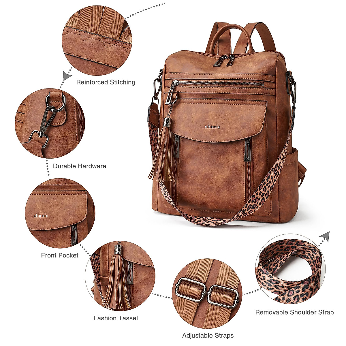 Shrrie Backpack Purse for Women Fashion Leather Backpack Purse Designer Travel Backpack Convertible Shoulder Bag with Wristlet