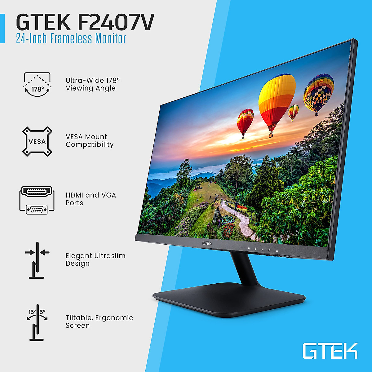 GTEK 24 Inch Frameless Computer Monitor, FHD 1080p LED Display, LCD Screen, HDMI VGA, 75Hz Refresh Rate, VESA Mountable, Low-Blue Light PC Monitor for Office Work - F2407V
