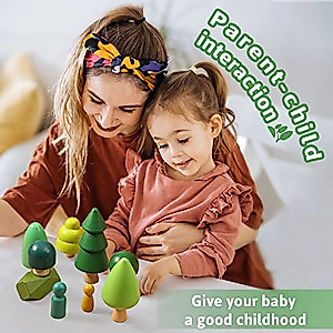 Macabaka Wooden Tree Toy Set 14 Pieces Wooden Sorting Stacking Balancing Stone Rocks Natural Wooden Mini Trees for Home Decor, Cake Topper and Montessori Toys