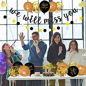 We Will Miss You Banner Coworker Going Away Farewell Decorations Gold Black Glitter Dot Circle Garland Triangle Flag Banner For Goodbye, Retirement, Job Change, later traitor party supplies