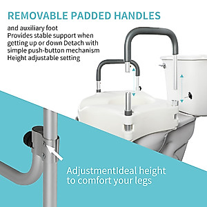 Lock Raised Toilet Seat with Handles, 5 Inch Toilet Seat Riser Heavy Duty with Adjustable Arms and Legs Fits Most Toilets, Elevated Toilet Seat 300 LBS(Regular, Grey+White）