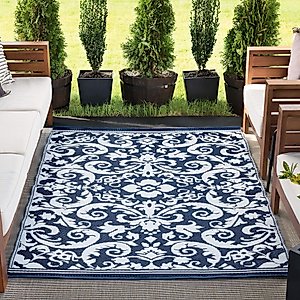 Reversible Plastic Straw, Water Resistant Outdoor Rug 9x12 for Patio, Deck, Porch, Camping, RV | Fade Resistant Outside Area Rugs for Patios | Size 8'10'' x 11'10''