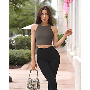 OQQ Women's 3 Piece Tank Shirt Ribbed Seamless Yoga Workout Exercise Racerback Crop, Tea Leaf Beige White, Medium