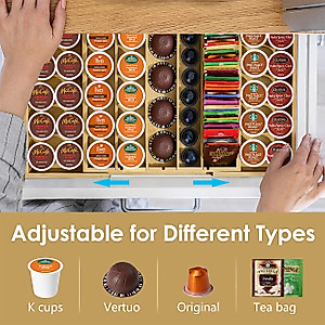 Kssiaz Coffee Pod Holder Drawer, Bamboo K Cup Holder Compatible with Nespresso Vertuo Capsules, 25-45 K Cup Drawer Organizer for Coffee Station Home Office and Kitchen (Bamboo)