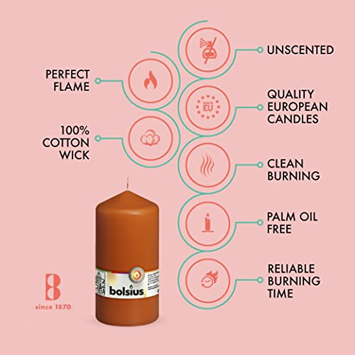 BOLSIUS 4 Orange Pillar Candles - 3x6 Inches - Individually Wrapped - Premium European Quality - 65 Burn Hours - Dripless & Smokeless Smooth Flame - Unscented Dinner, Wedding, Party, & Décor Candles