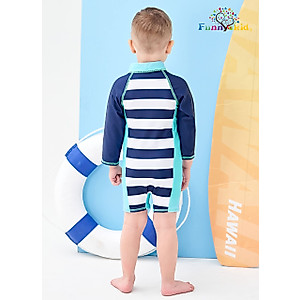 Funnycokid Baby Boys Swimsuit 12-18 Months Toddler Rash Guard One Piece UPF 50+ Swimwear Green Striped Long Sleeve Swim Shirt