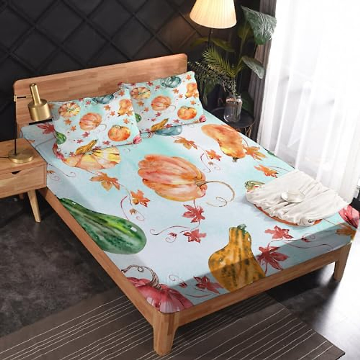 Thanksgiving Sheets Full Size Sheet Sets - Autumn Leaves Pumpkin Bed Sheets, Soft Microfiber & Deep Pocket & Wrinkle Free Bedding Sheets & Pillowcases, 1 Fitted Sheet, 1 Flat Sheet, 2 Pillow Cases