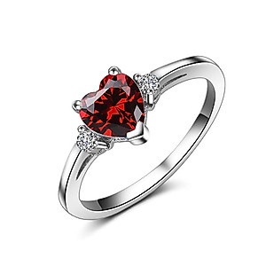 ACEFEEL 925 Sterling Silver Heart Shaped White Opal Engagement Promise Band Ring (Red Cubic Zirconia, 5)