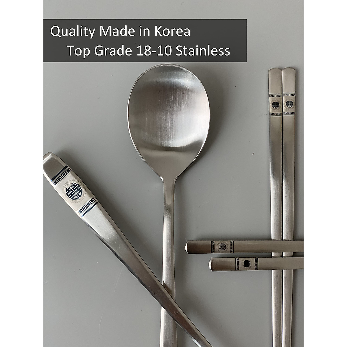 cozymomdeco Korean Made Silver Color Cutlery Spoon Chopsticks 18-10 Stainless Steel Printed Traditional Pattern_2 SET