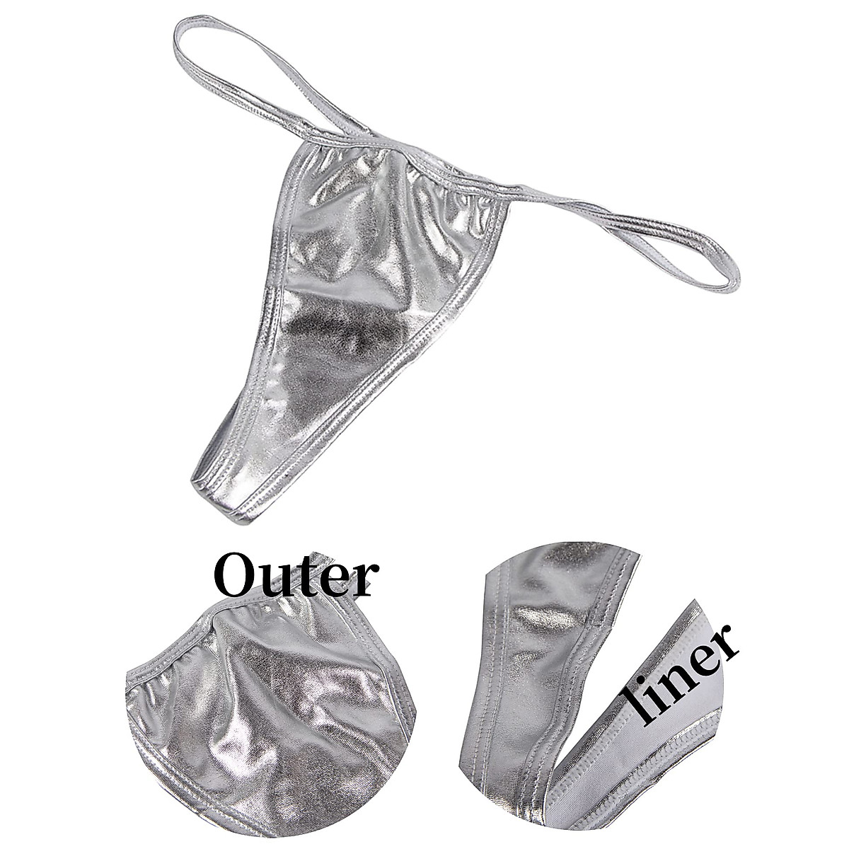 ohyeah Women’s Glossy Silver G-String Micro Thong Sexy Bikini Underwear Tangas Panties Metallic T-Back Thongs for Women Sexy Low Rise Underwear Panties 2XL