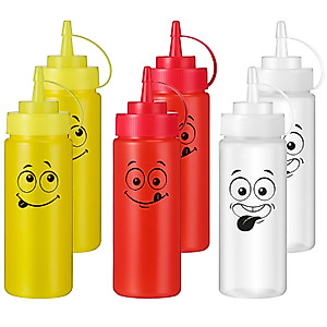 6 Pieces Smile Faces Squeeze Bottles, Condiment Sauces Squeeze Bottles, Ketchup and Mustard Dispenser for Hot Dog Party Mayo Dressing Red Yellow and White, 12 oz