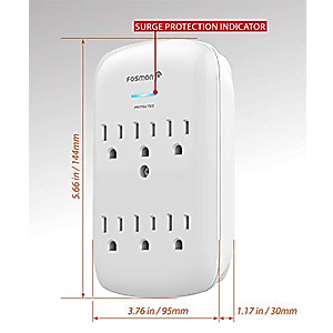 6 Outlet Wall Mount Surge Protector, Fosmon 3-Prong Surge Suppression 1200 Joules, 15A 125VAC 60Hz 1875Watts Wall Outlet Adapter, Grounded LED, ETL Listed - White