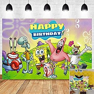 Cartoon Animal Photography Backdrop Children Baby Kids Happy 1st Birthday Supplies Patrick Star Spongebob Party Decorations Photo Background Banner Vinyl 7x5ft Photo Booth Studio Props Cake Table