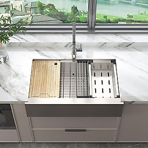 Sinber 33" x 20" x 10" Farmhouse Apron Single Bowl Workstation Kitchen Sink with 16 Gauge 304 Stainless Steel Satin Finish 6 Accessories KSS0005S-OK