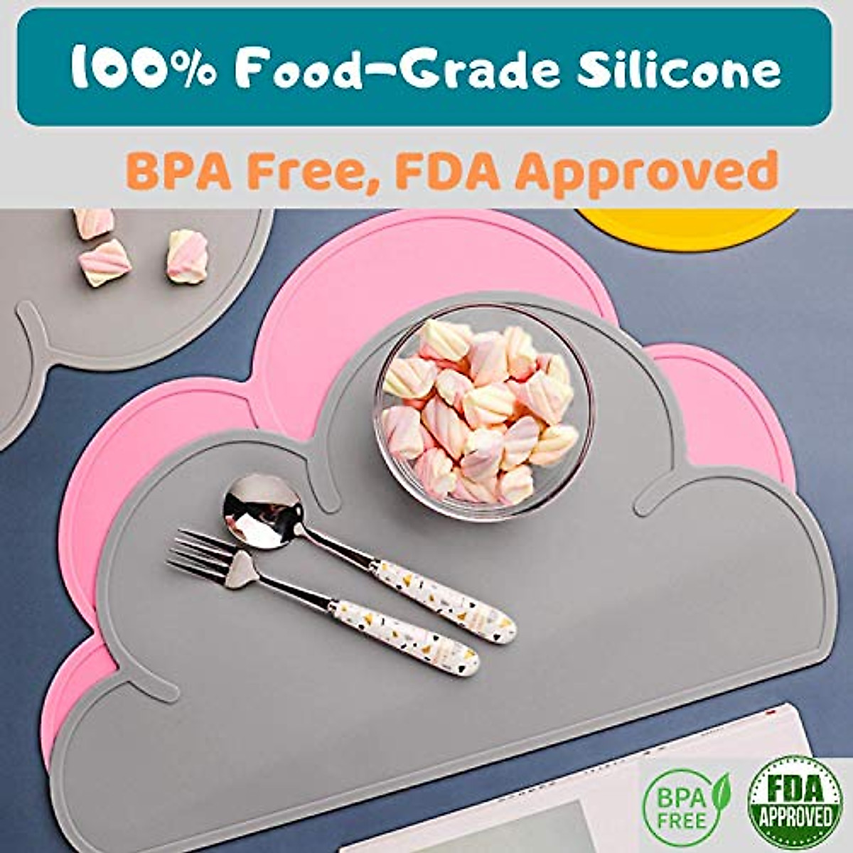 Silikong Non-Slip Silicone Placemats for Kids - BPA Free, Dishwasher Safe, Easy to Clean. 2 Pack (Pink/Gray)