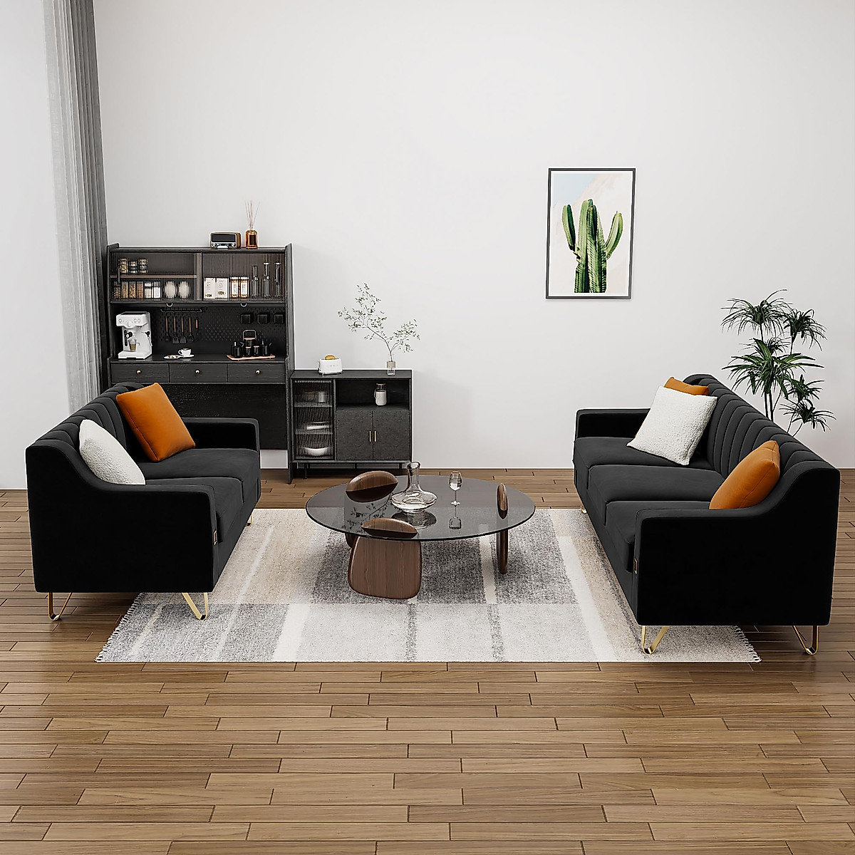 HenleneCoco 2 PCS Black Velvet Sofa Sets with 5 Pillows for Living Room Furniture, Modern Mid Century Tufted Classic Couches Set (1 PC Loveseat & 1 PC 3 Seater Couch)