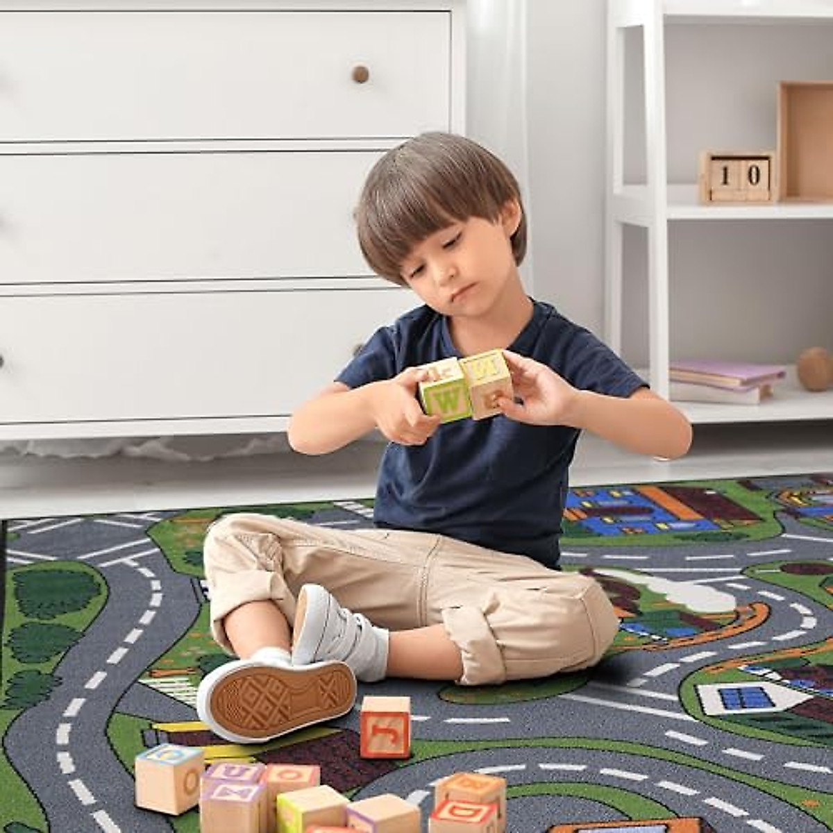 Ottomanson Jenny Collection Non-Slip Rubberback Educational Town Traffic Play Design 3x5 Kid's Area Rug, 3'3" x 5', Green/Multicolor