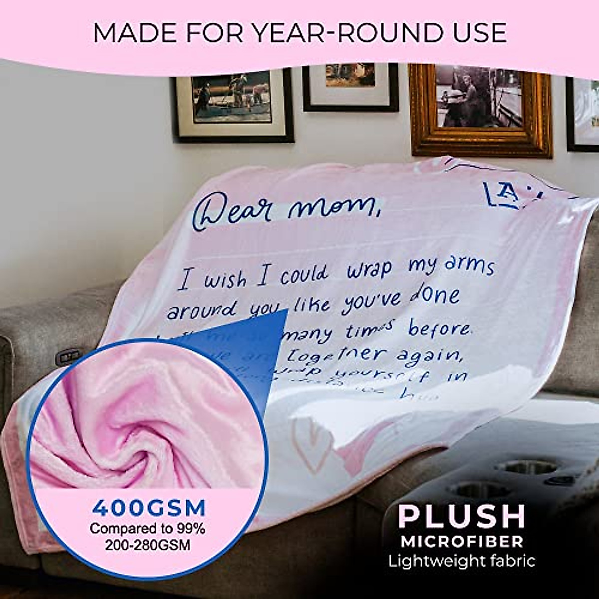 J&A Homes Gifts for Mom - Premium Blanket for Mom from Daughter - Meaningful Blankets, Mothers Birthday Gift from Son I Love You Throw Blanket 65” x 50” (Purple Pink)
