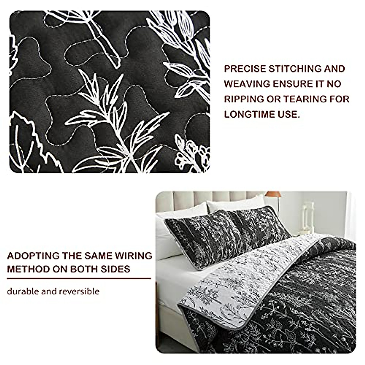 Joyreap 3 Pieces Quilt Set Full/Queen, Black n White Reversible Botanical Design, Smooth Soft Microfiber Quilt, Bedspread Bed Cover for All Season, 1 Quilt and 2 Pillow Shams- 90x90 inches