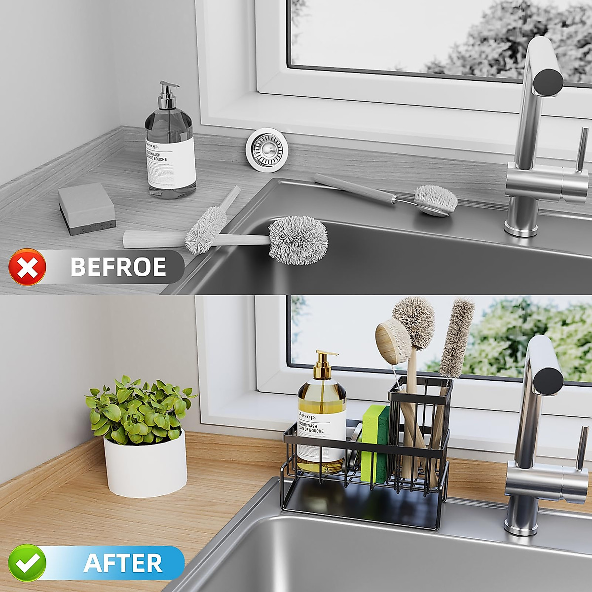 Sponge Holder for Kitchen Sink - Rustproof Sink Caddy with Brush Holder, Self-Drainage Kitchen Sink Organizers and Storage Dish Soap Dispenser Home Essentials Organization Accessories, Black