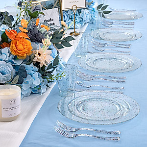 Rubtlamp 180PCS Glitter Plastic Plates with Glitter Disposable Silverware, Clear Glitter Plates for 30 Guests Include 30Dinner Platos, 30Dessert Platos, 90Cutlerys, 30Cups for Party
