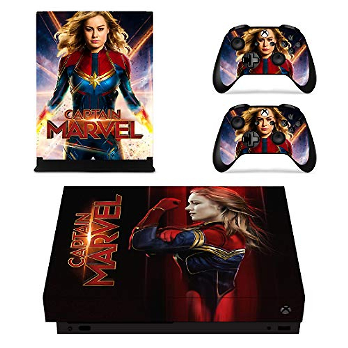 Adventure Games - XBOX ONE X - Captain Marvel - Vinyl Console Skin Decal Sticker + 2 Controller Skins Set