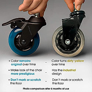 STEALTHO Patented Replacement Office Chair Caster Wheels Set of 5 - with 2 Brakes - Protect Your Floor - No More Chair Mat Needed - Blue Polyurethane - Quiet Rolling Over Cables - Standard Stem 7/16