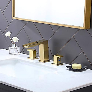 Ufaucet Modern Commercial 2 Handle 3 Hole Widespread Brushed Gold Waterfall Bathroom Faucet,8 inch Bathroom Vanity Sink Faucet with Hoses and Pop Up Drain