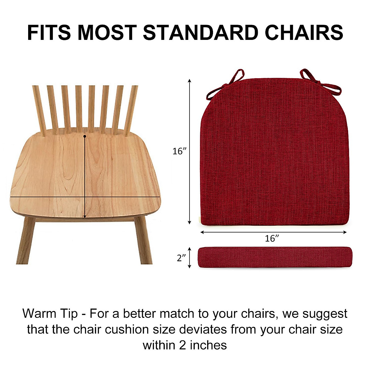 Wellsin Chair Cushions for Dining Chairs 6 Pack - Kitchen Chair Cushions with Ties and Non-Slip Backing - Dining Chair Pads 16"X16"X2", Red