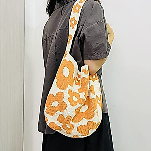 Women Aesthetics Crossbody Bag Crochet Fairycore Flower Bag Y2K Trendy Shopping Bag Knitted Tote Shoulder Bag (Orange)