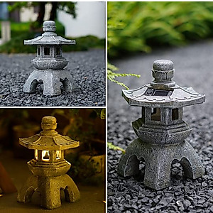 Nacome Solar Pagoda Lantern Garden Statue,Indoor/Outdoor Zen Asian Decor for Landscape Balcony,Garden,Patio,Porch Yard Art Ornament,Polyresin, Gray Stone Finish