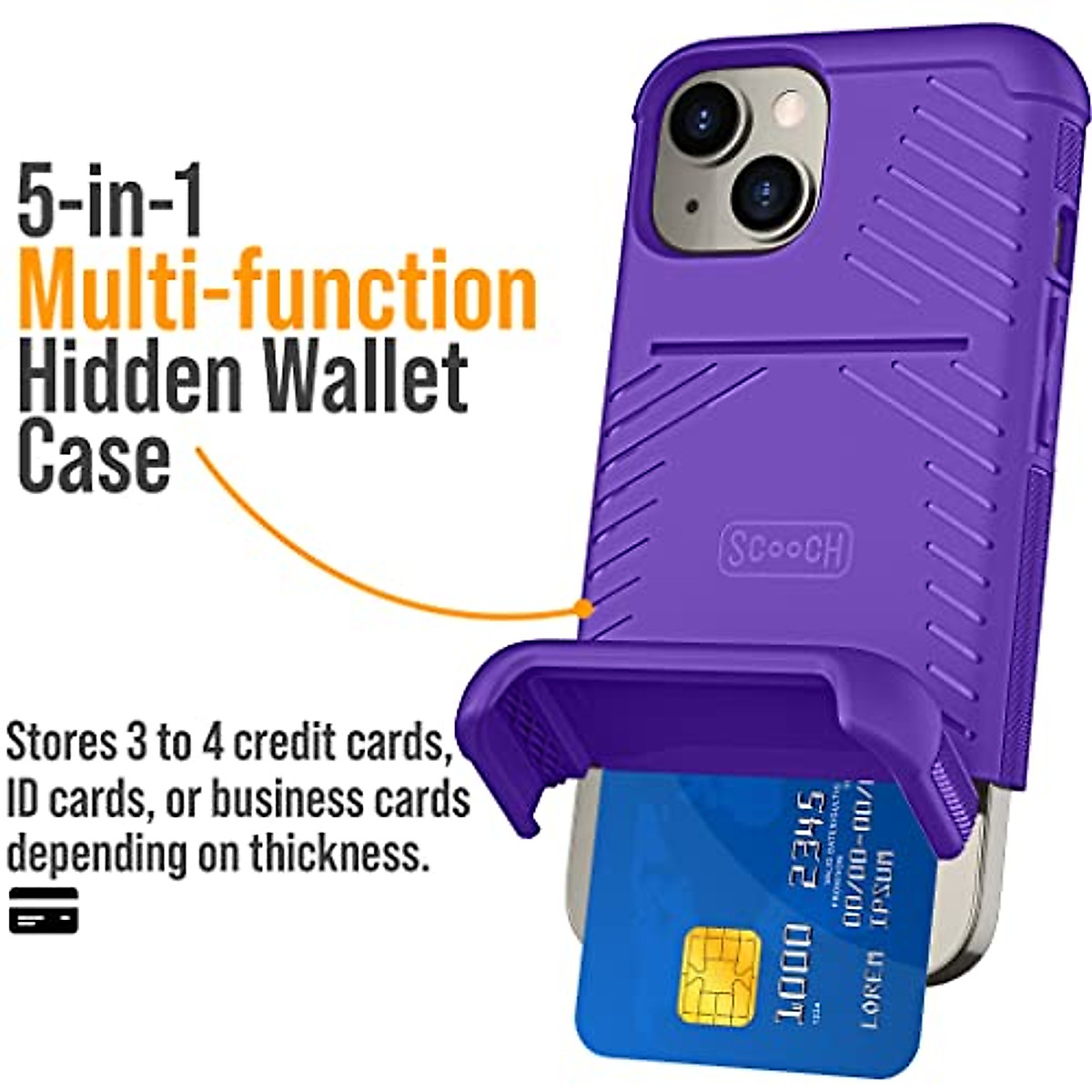 Scooch iPhone 14 Case with Card Holder [Wingmate] iPhone 14 Wallet Case with Hidden Card Slot and RFID Protection, Holds Up to 4 Cards, Military Grade Drop Protection, Purple