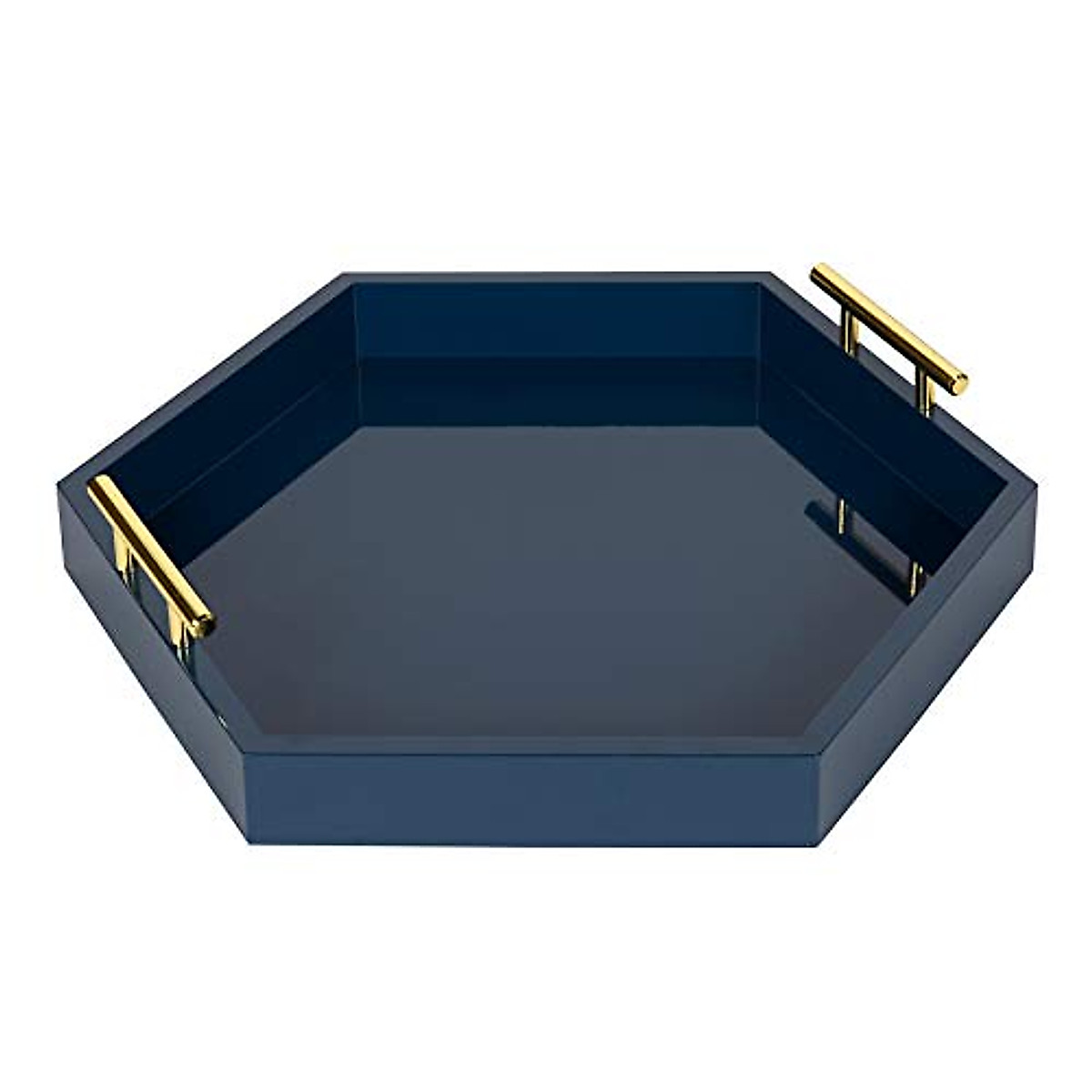 Kate and Laurel Lipton Hexagon Decorative Tray with Polished Metal Handles, Navy Blue and Gold