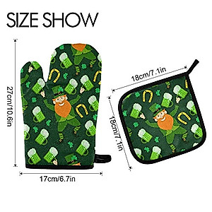 ST Clover Beer Oven Mitts & Pot Holders Set Saint Patrick's Day Kitchen Decor Heat Resistant Gloves PotHolders Pad 2Pcs Microwave Gloves for Baking Cooking Grilling BBQ Home Decor
