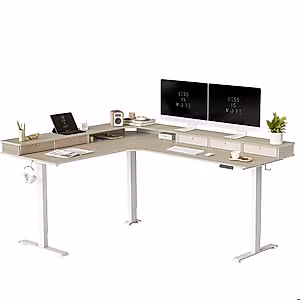 FEZIBO Triple Motor 75" L Shaped Standing Desk with 5 Drawers, Reversible Electric Standing Gaming Desk Adjustable Height, Corner Stand up Desk with Splice Board, White Frame/Light Walnut Top