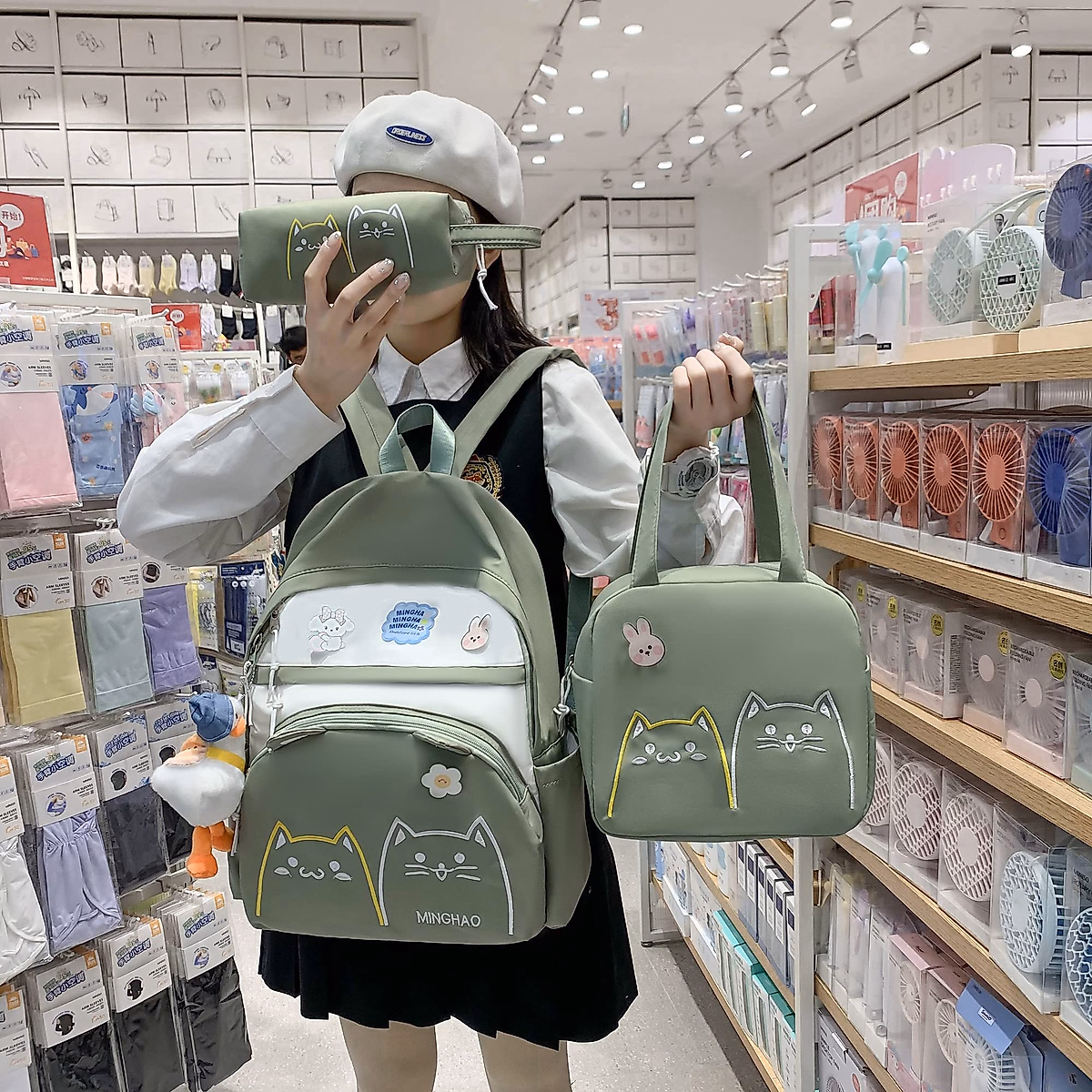 Kawaii Backpack for girls,17in Cute Cat Embroidery School Backpack Set with Lunch Bag Pencil Box,3PCS Aesthetic Student Bookbags,Green