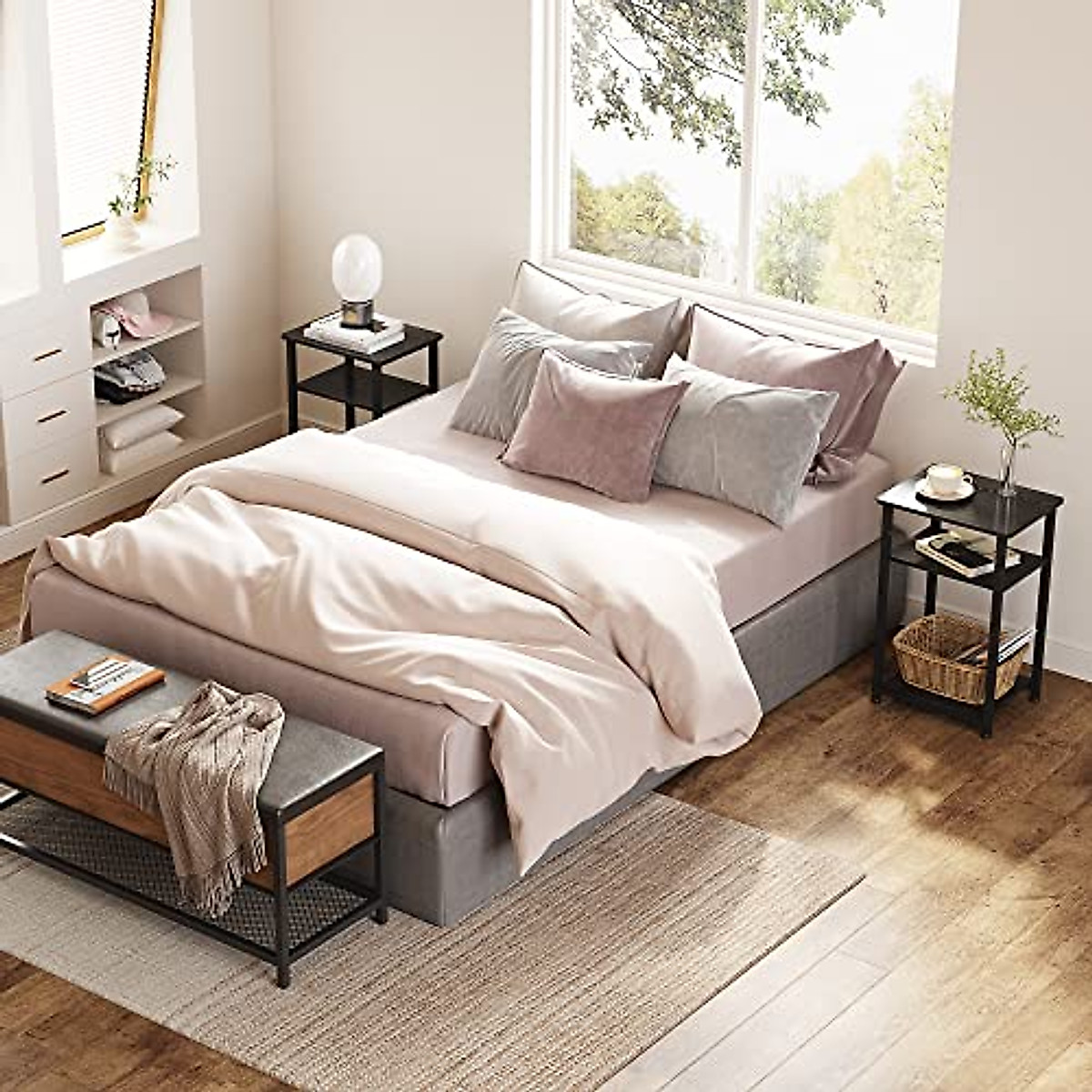 WLIVE Side Table, Small End Table, Adjustable 3-Tier Bedside Table with Sturdy Metal Frame, Tall Nightstand for Bedroom, Living Room, Sofa Table for Small Space (Black, 1 Pack)