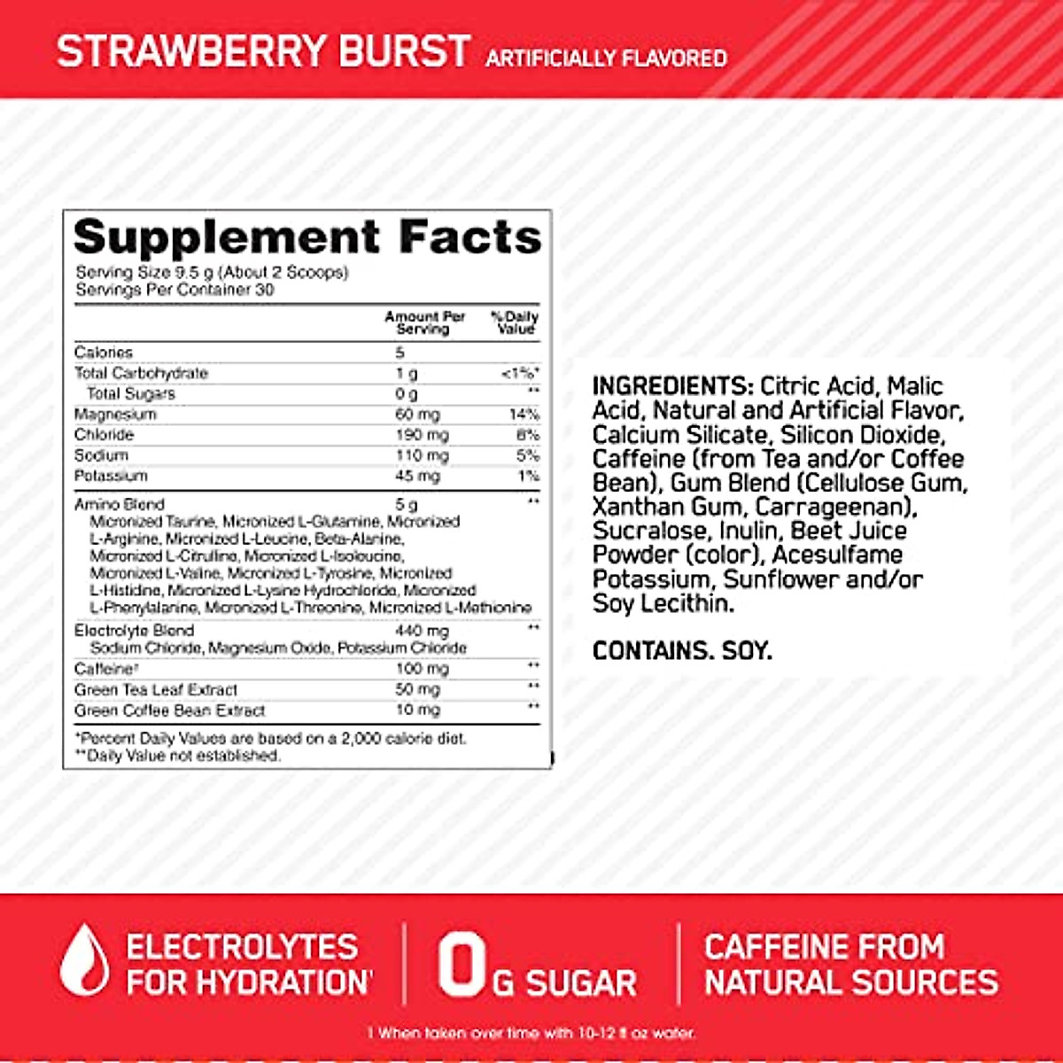 Optimum Nutrition Amino Energy Plus Electrolytes Energy Drink Powder, Caffeine for Pre-Workout Energy and Amino Acids/BCAAs, Strawberry Burst, 10.5 Ounces (30 Servings), Pink (Packaging May Vary)