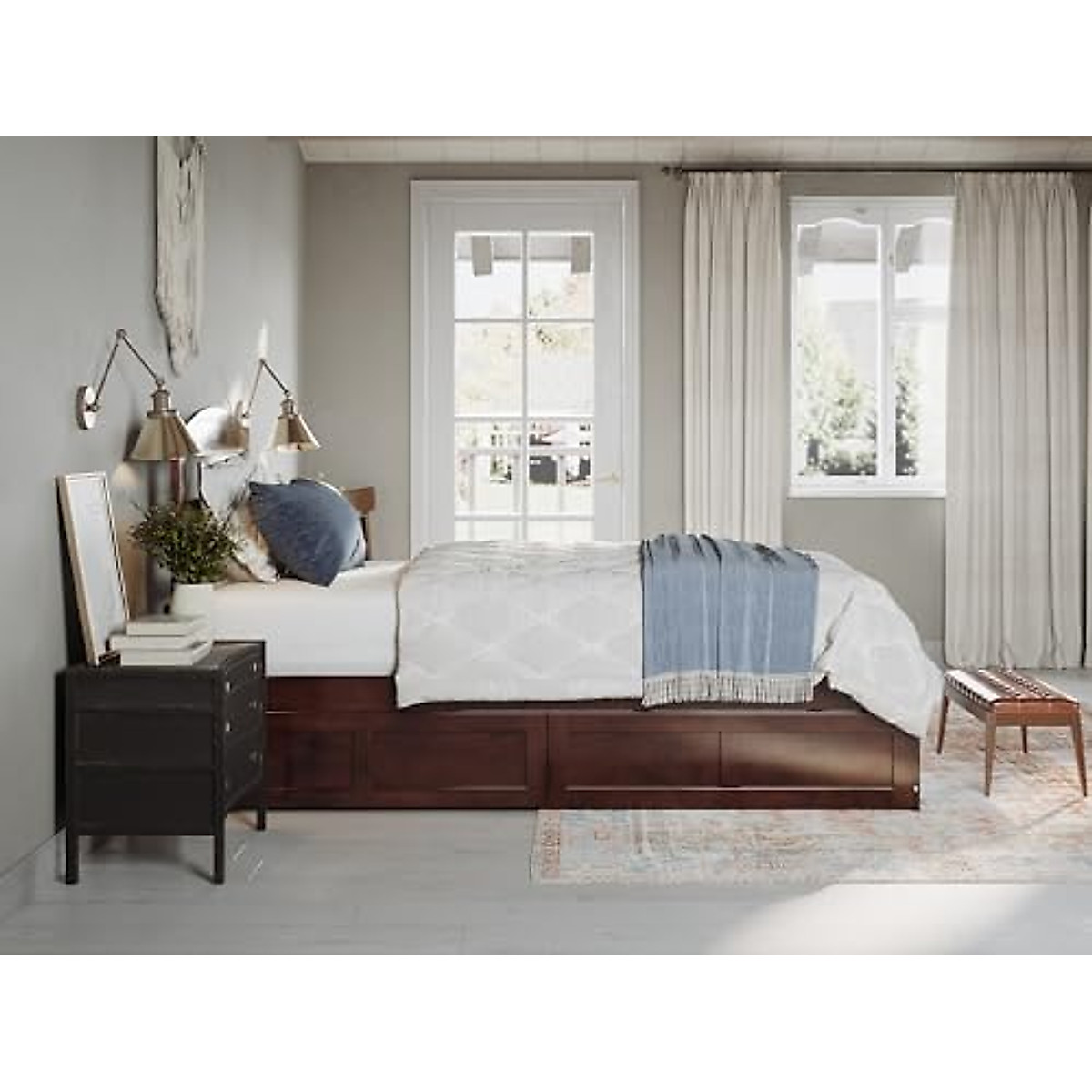 AFI Warren Twin XL Size Platform Bed with Footboard, Storage, & Charging Station in Walnut