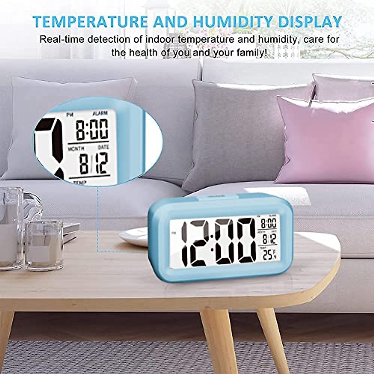 KAIJIELY Upgraded Digital Alarm Clock, 4.3" LED Display with Temperature Larger Lound Light Control Portable Snooze Calendar Brightness with Battery Powered Alarm Clocks Bedside for Everyone (Blue)